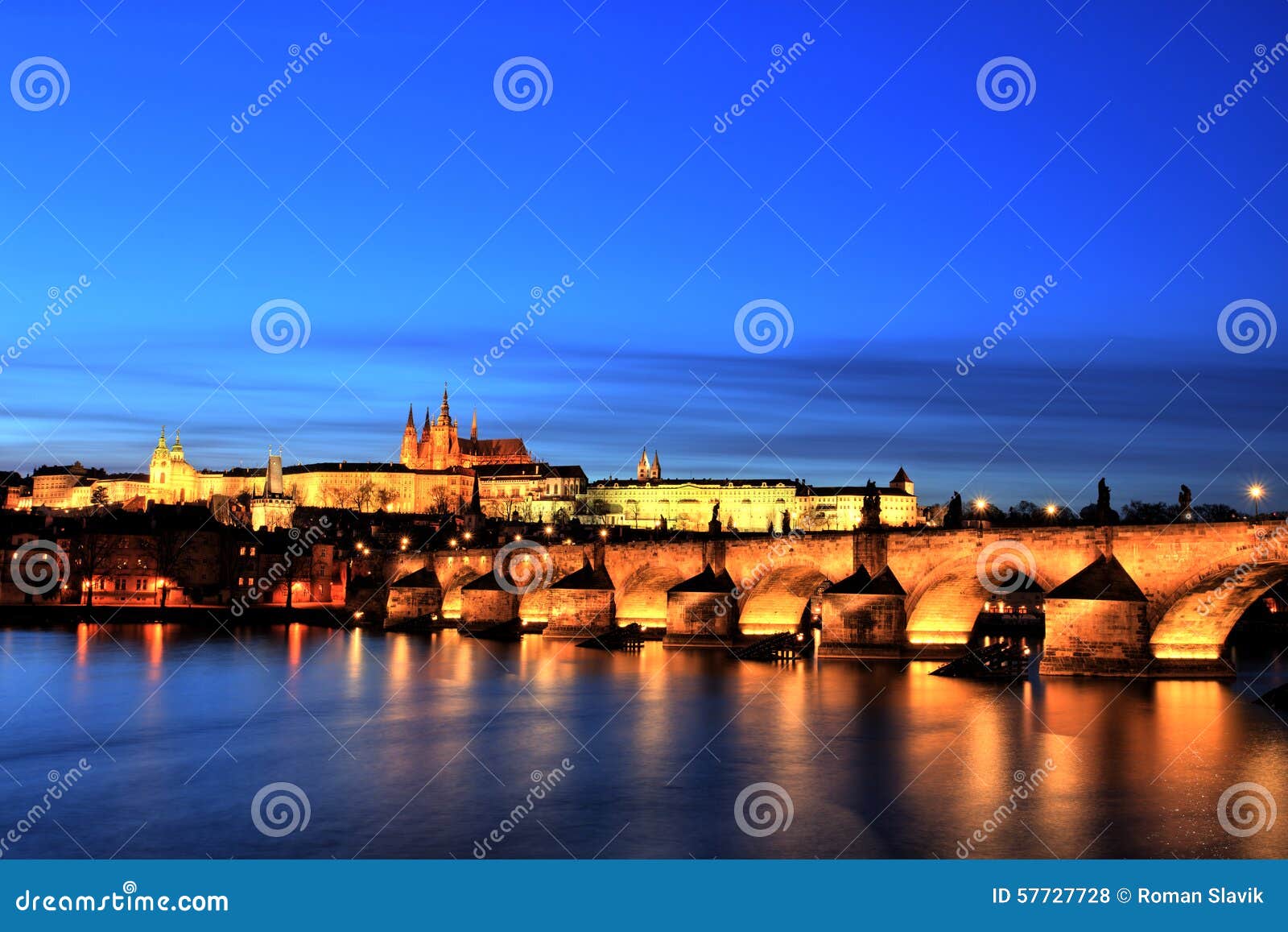 Illuminated Charles Bridge with Prague Castle at Dusk, Prague Stock ...