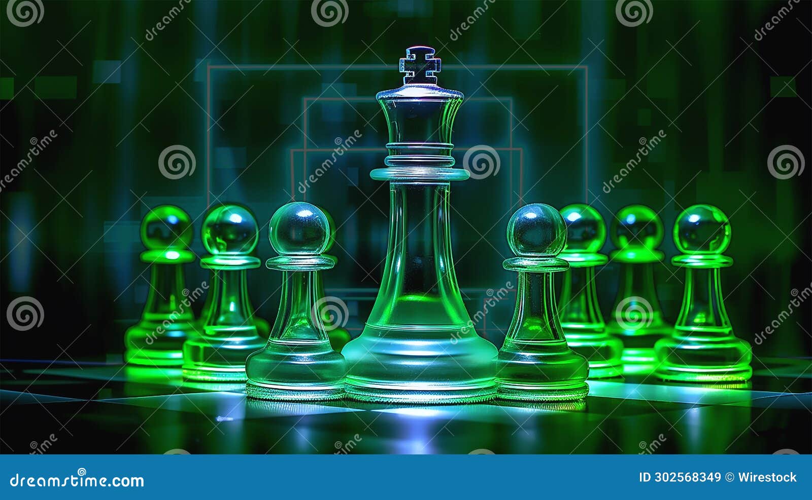 Illuminated Chessboard with Green Chess Pieces Arranged on Its Surface ...