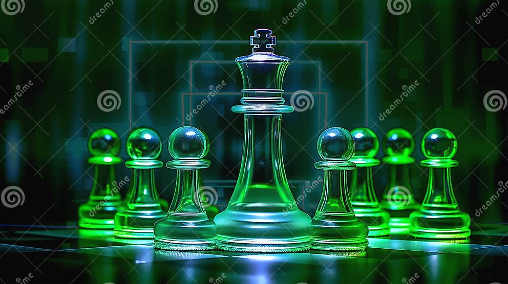 Illuminated Chessboard with Green Chess Pieces Arranged on Its Surface ...