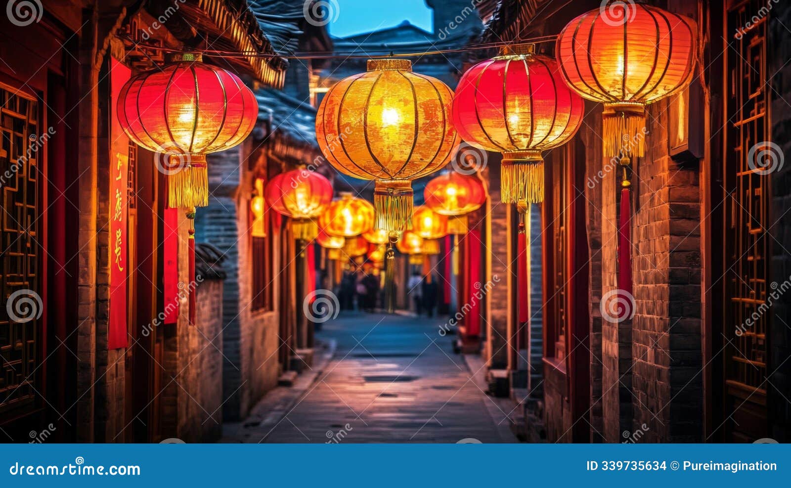 Illuminated Chinese Alleyway with Red Lanterns Stock Illustration ...
