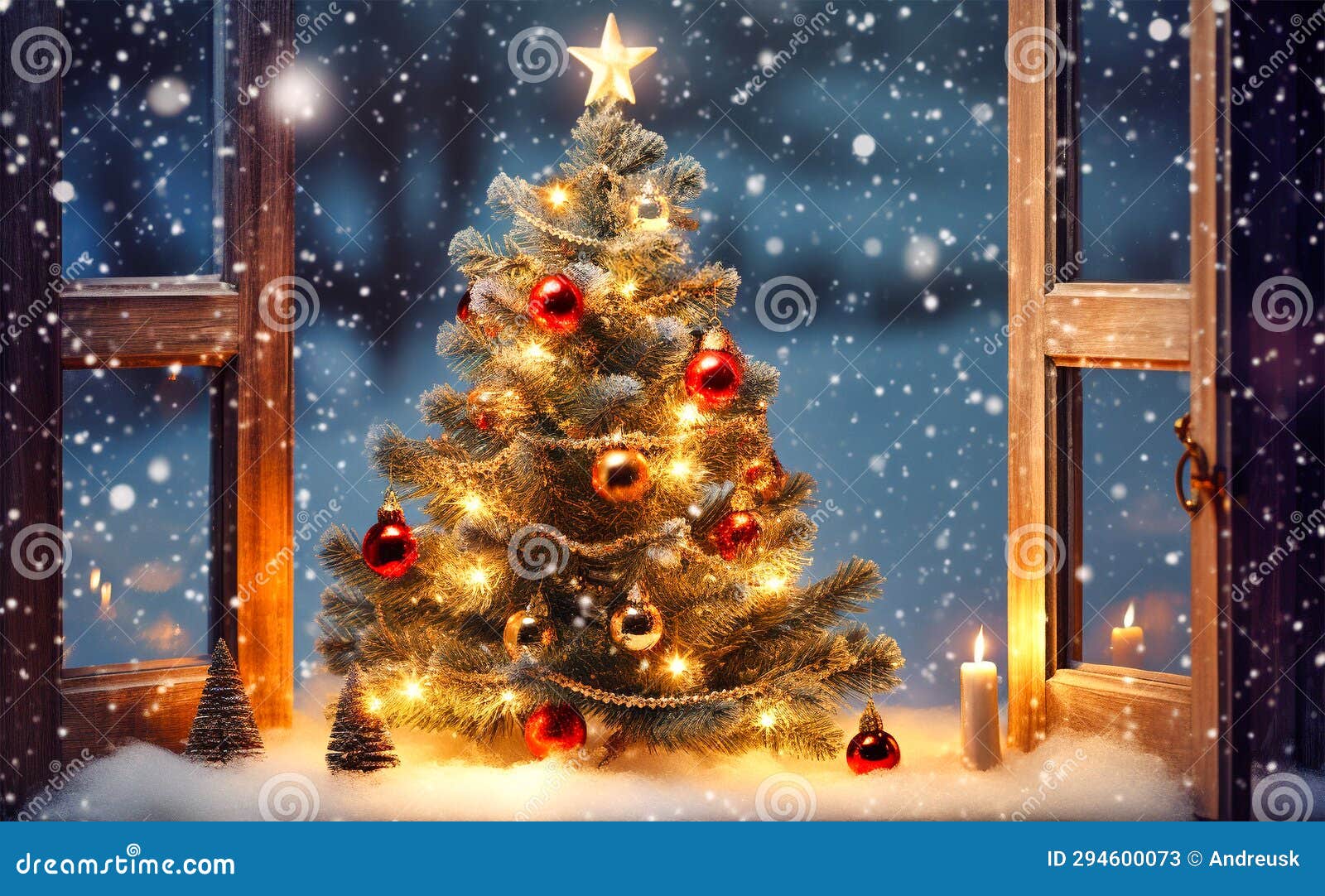 Illuminated Christmas Tree With Snow Interior Background, Winter Window ...