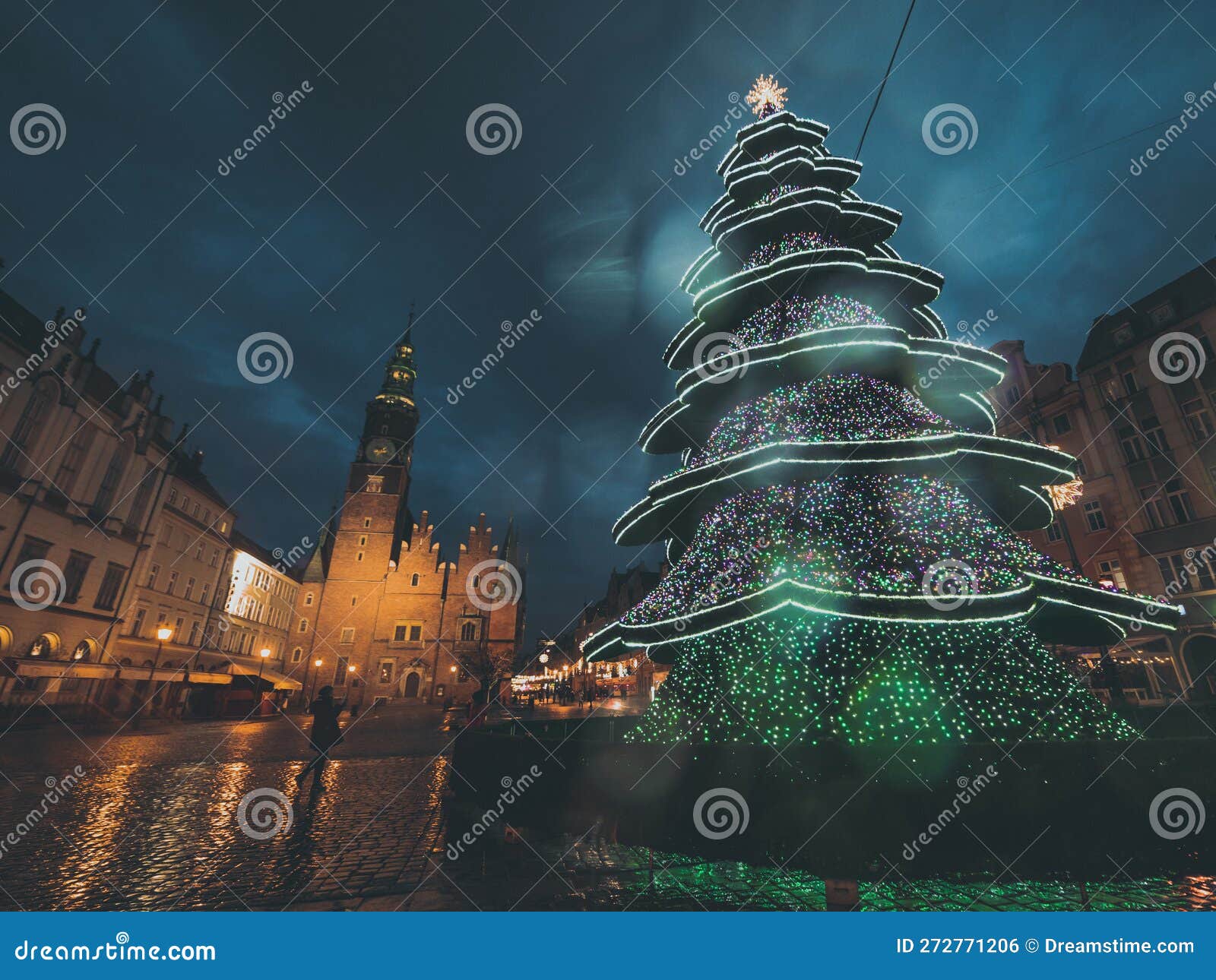 Illuminated Christmas Tree on the Town Square at Night Stock Photo ...