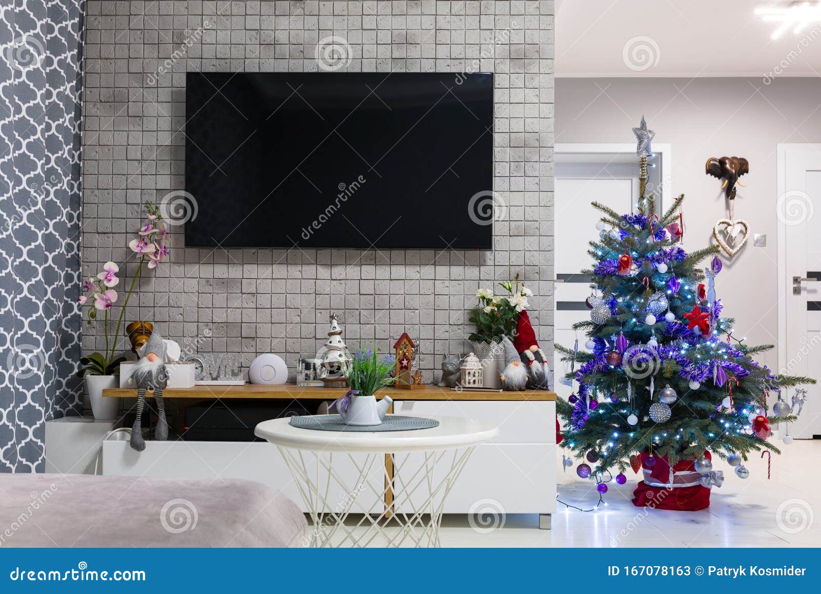 Illuminated Christmas Tree at the TV Stock Image - Image of curtains ...
