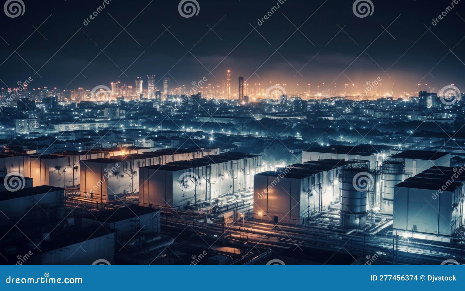 Illuminated Cityscape at Dusk with Industrial Pollution Generated by AI ...