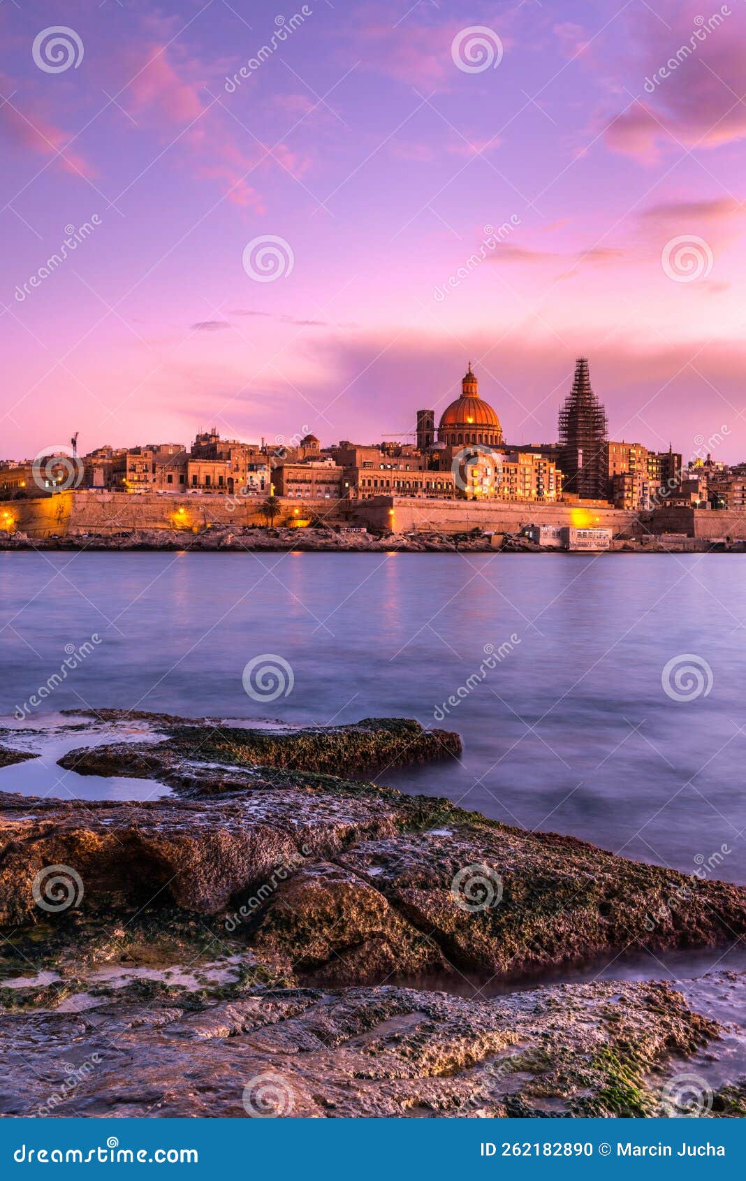 Illuminated Cityscape of Valletta, Malta at Sunset Stock Photo - Image ...