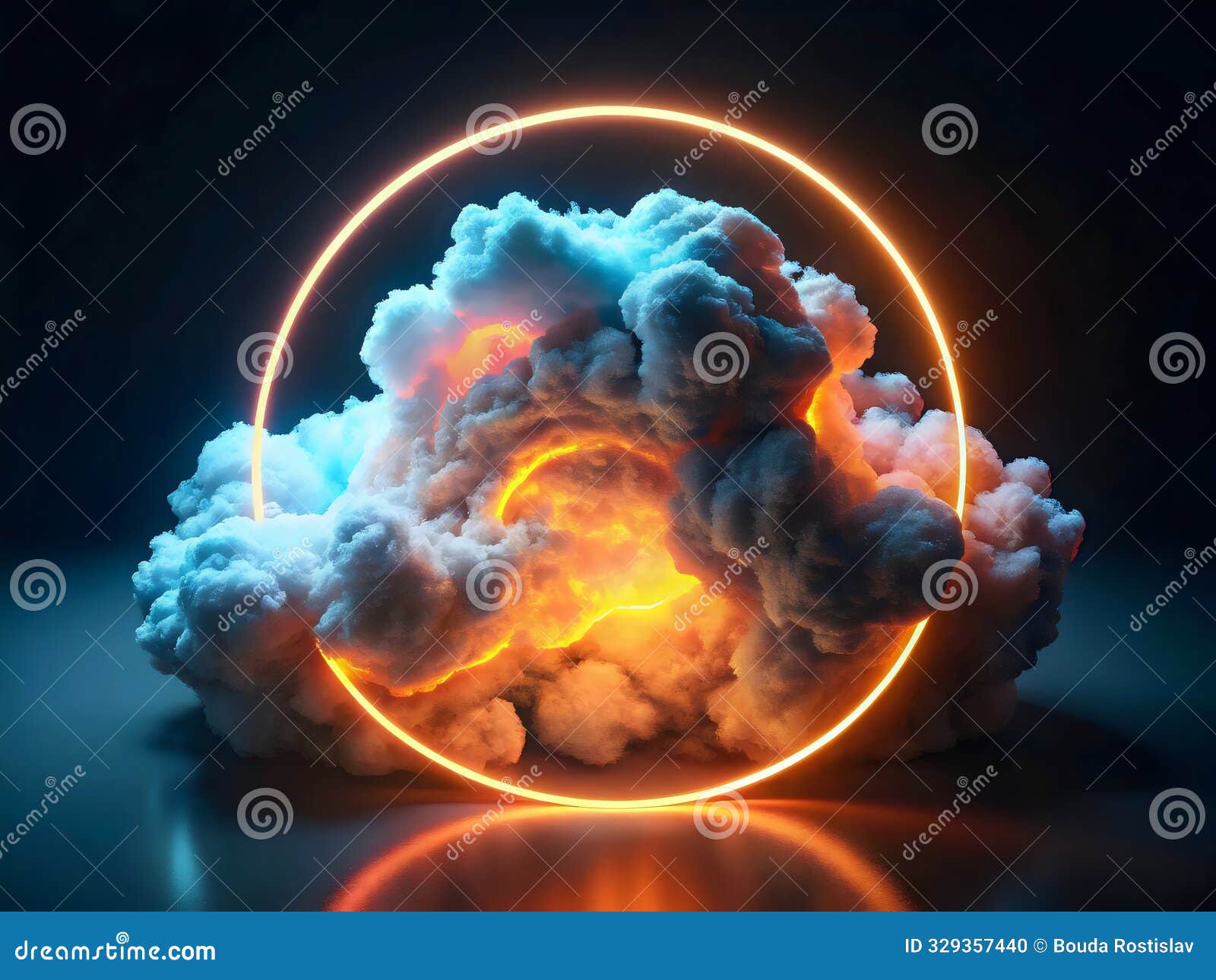 Illuminated Cloud Formation with Neon Ring and Dramatic Lighting Effects Stock Illustration ...