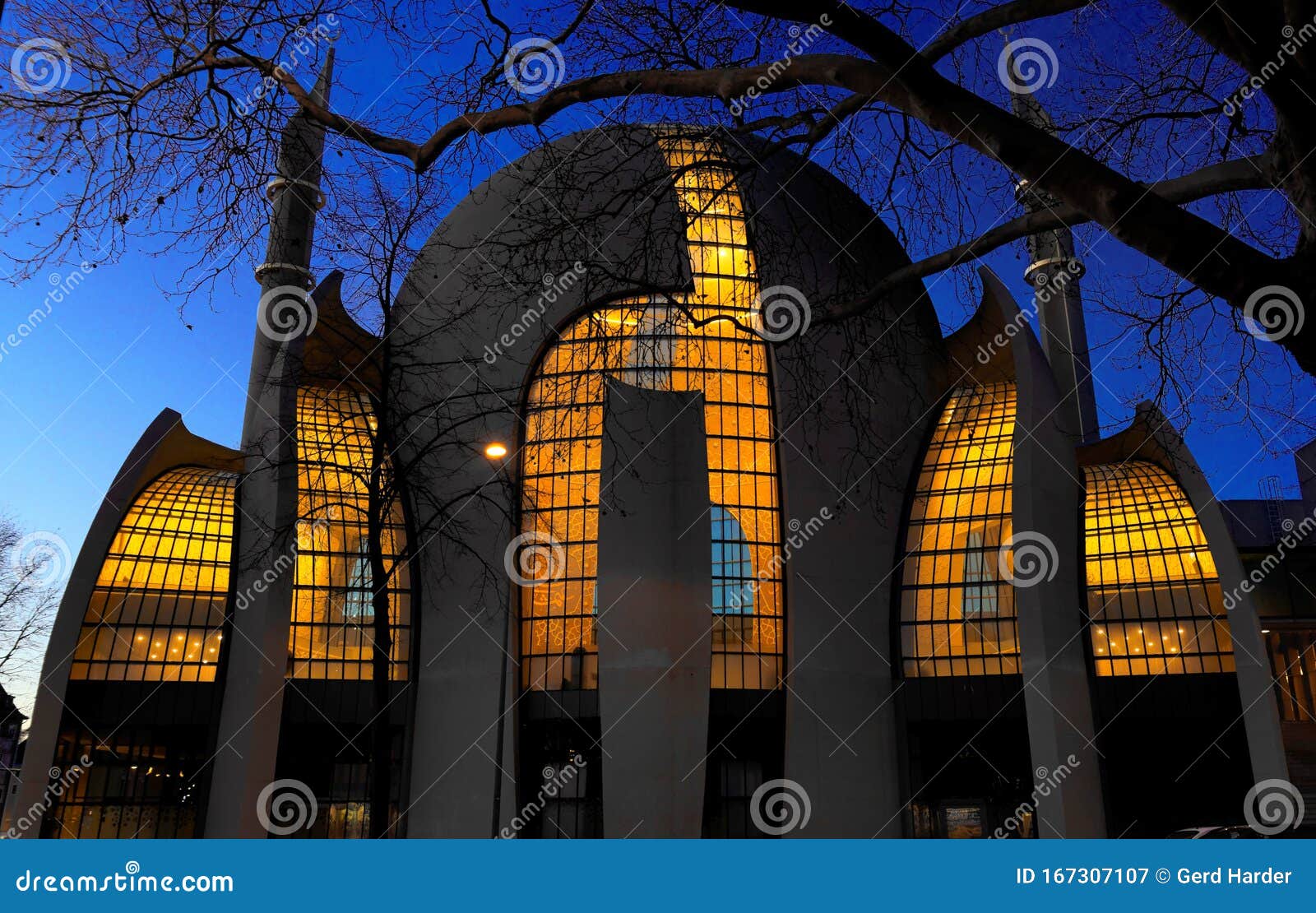 Illuminated Mosque at Dusk in Germany Stock Image - Image of islam ...