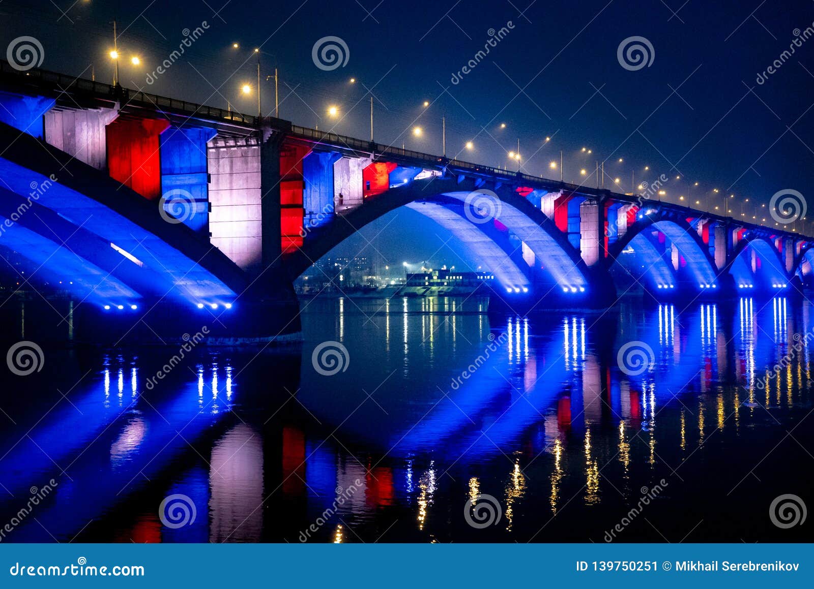 Illuminated Bridge on the River Stock Image - Image of city, clock ...