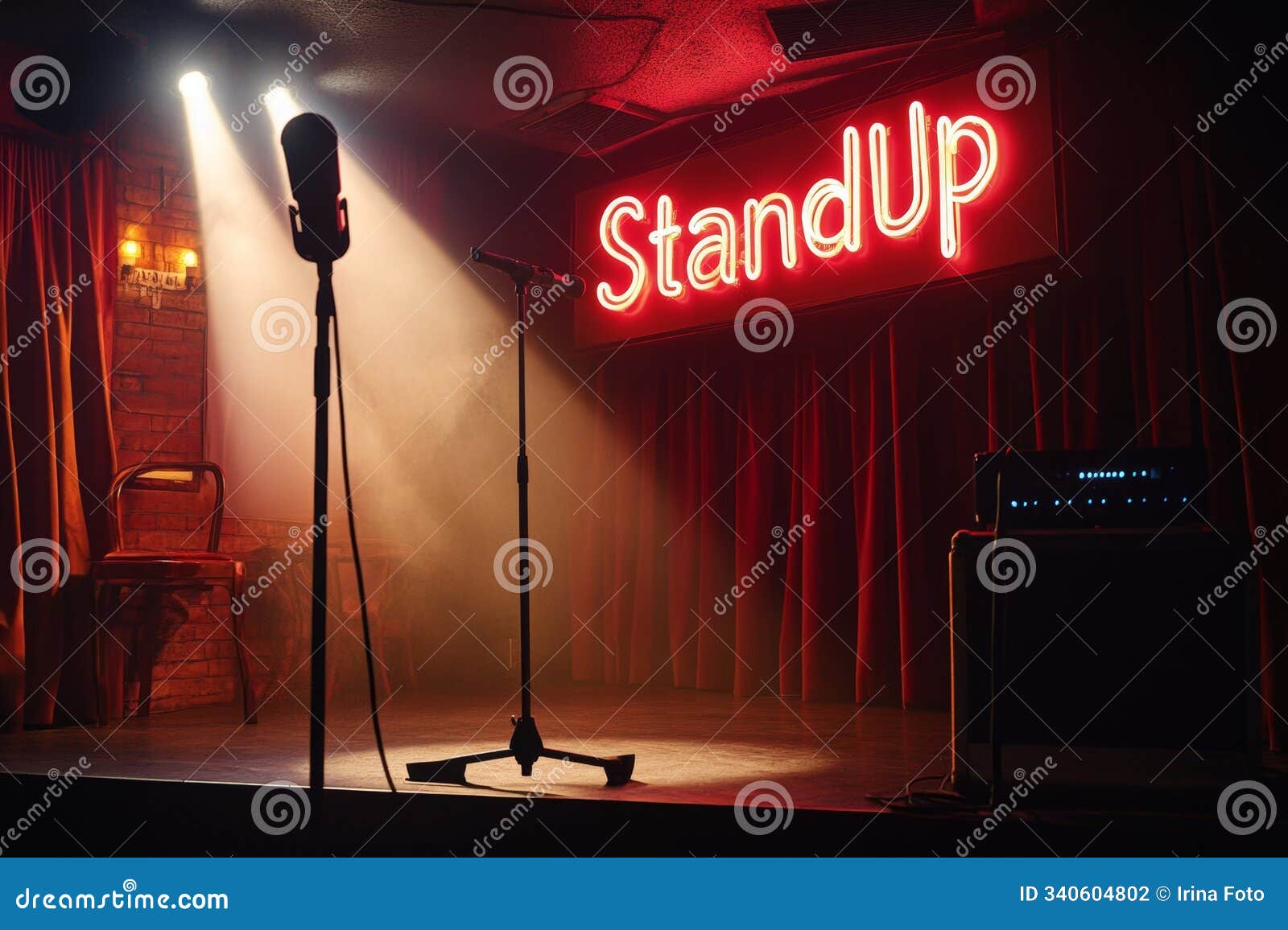 Illuminated Comedy Stage with Microphone and Neon Sign Inviting ...