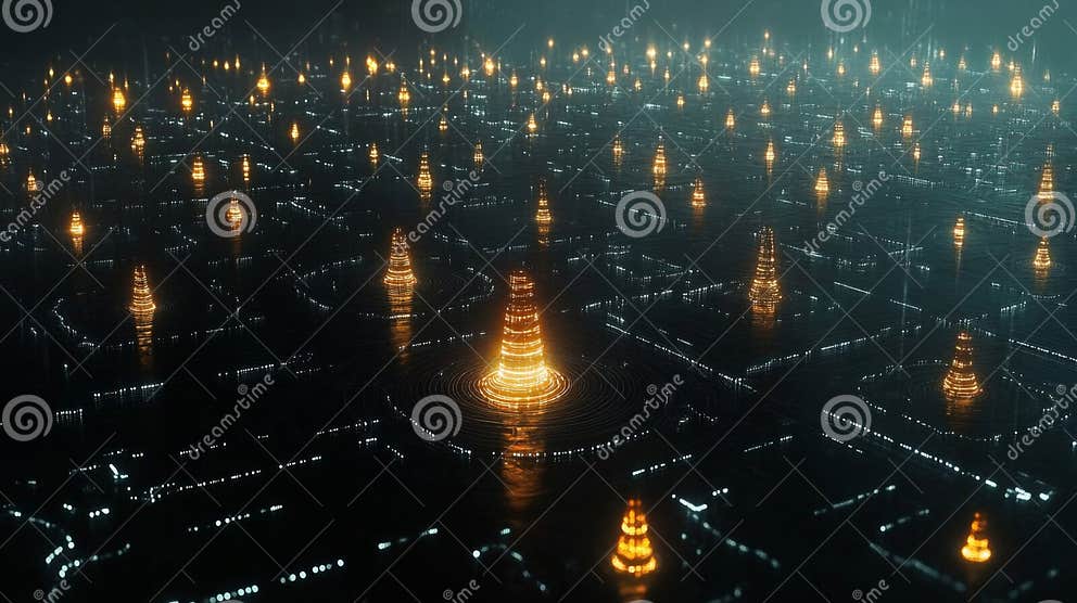 Illuminated Conical Structures Across a Digital Landscape Stock ...