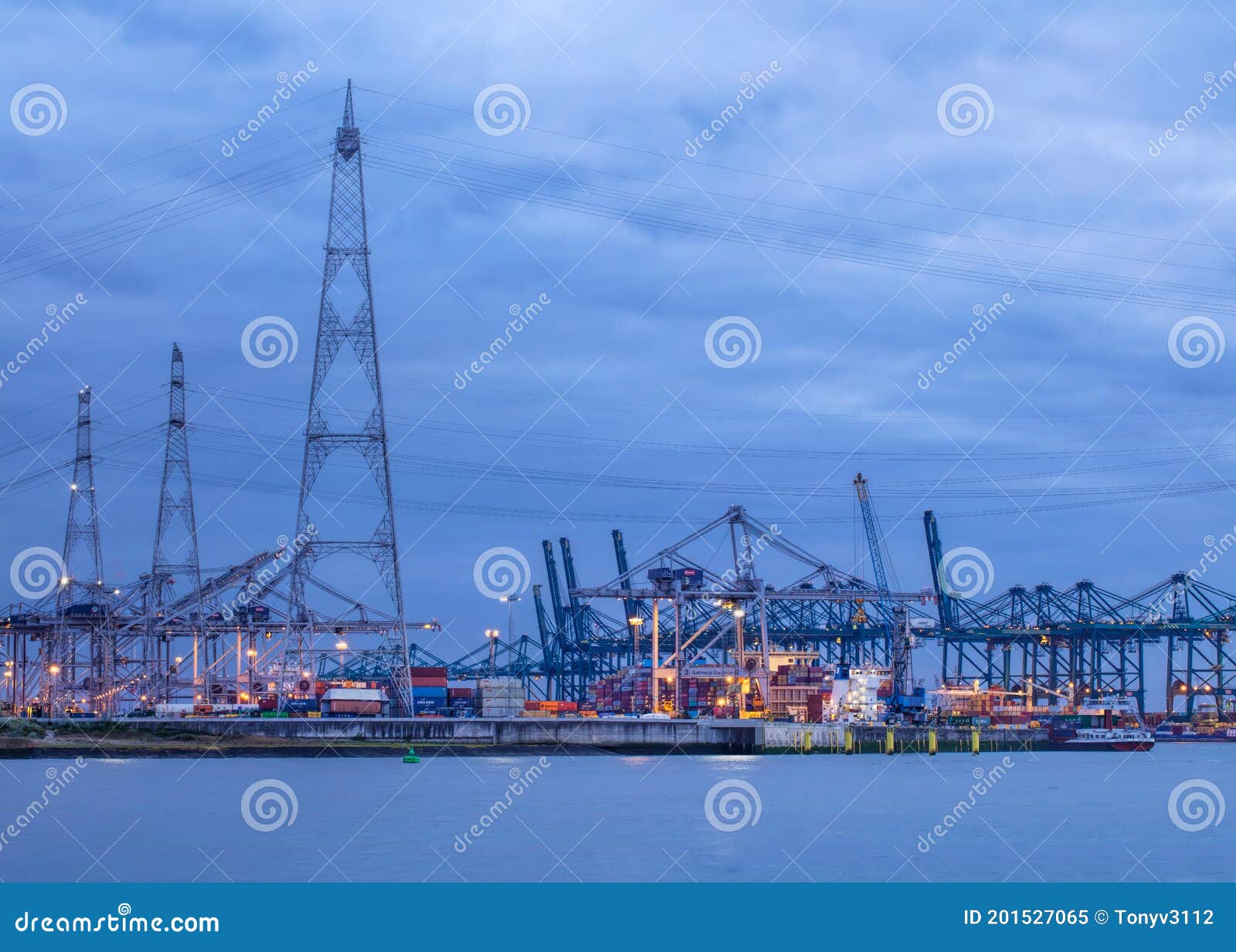Illuminated Container Terminal at Twilight, Port of Antwerp Editorial ...