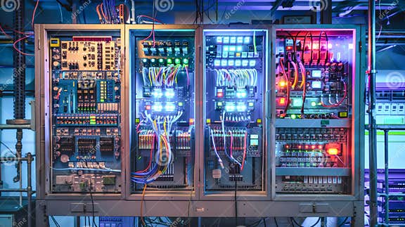 Illuminated Control Cabinet Displays an Array of Electrical Components ...