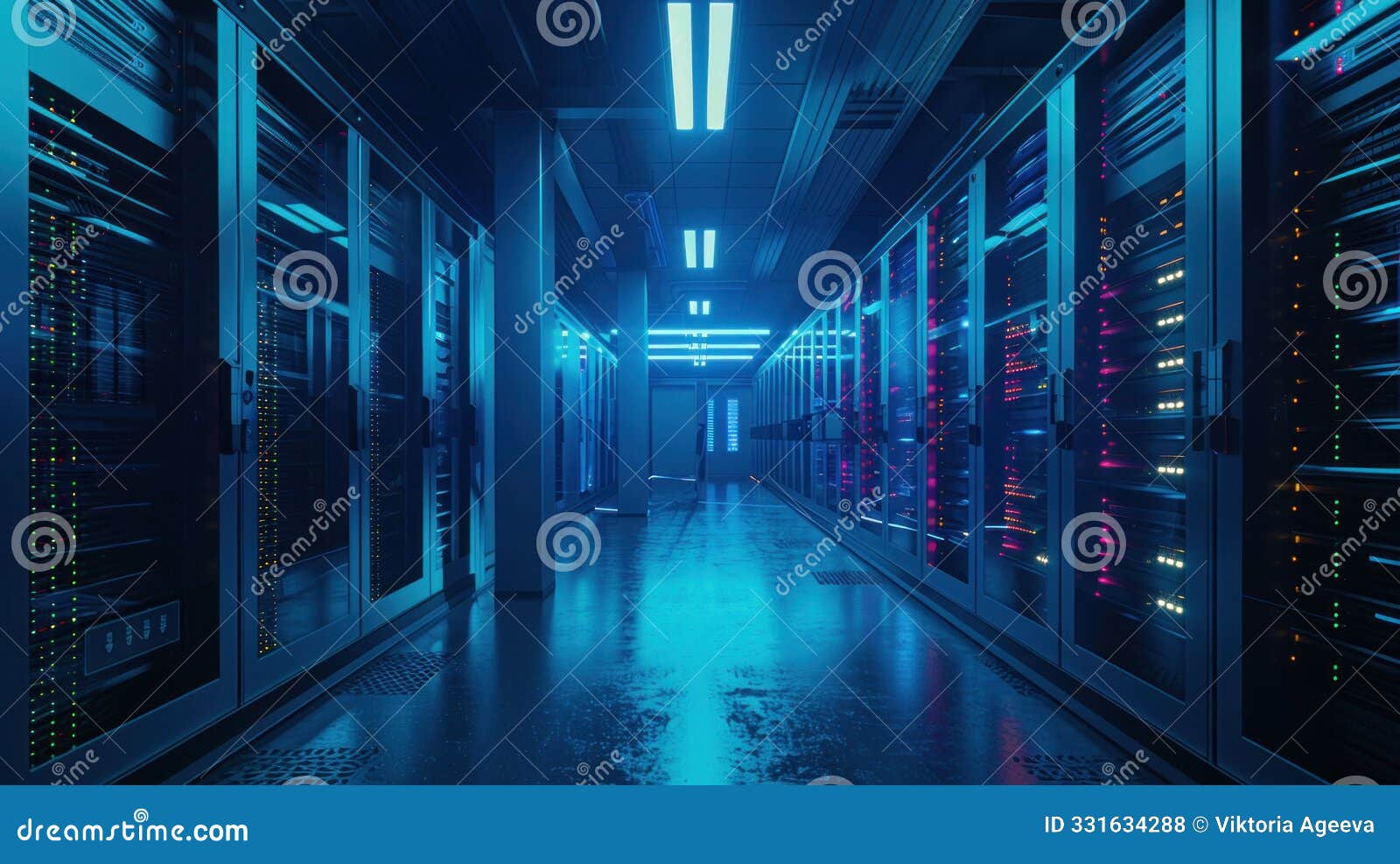 Data Center Corridor with Server Racks Illuminated by Blue and Purple ...