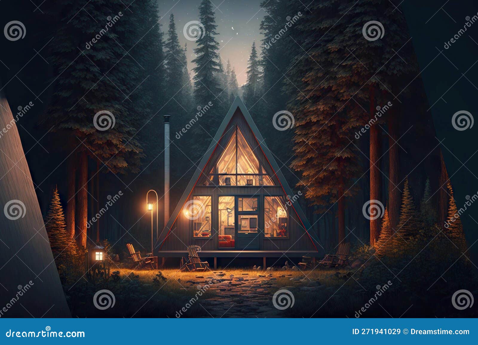 Illuminated Cozy a-frame Cabin Against Background of Tall Trees Stock ...