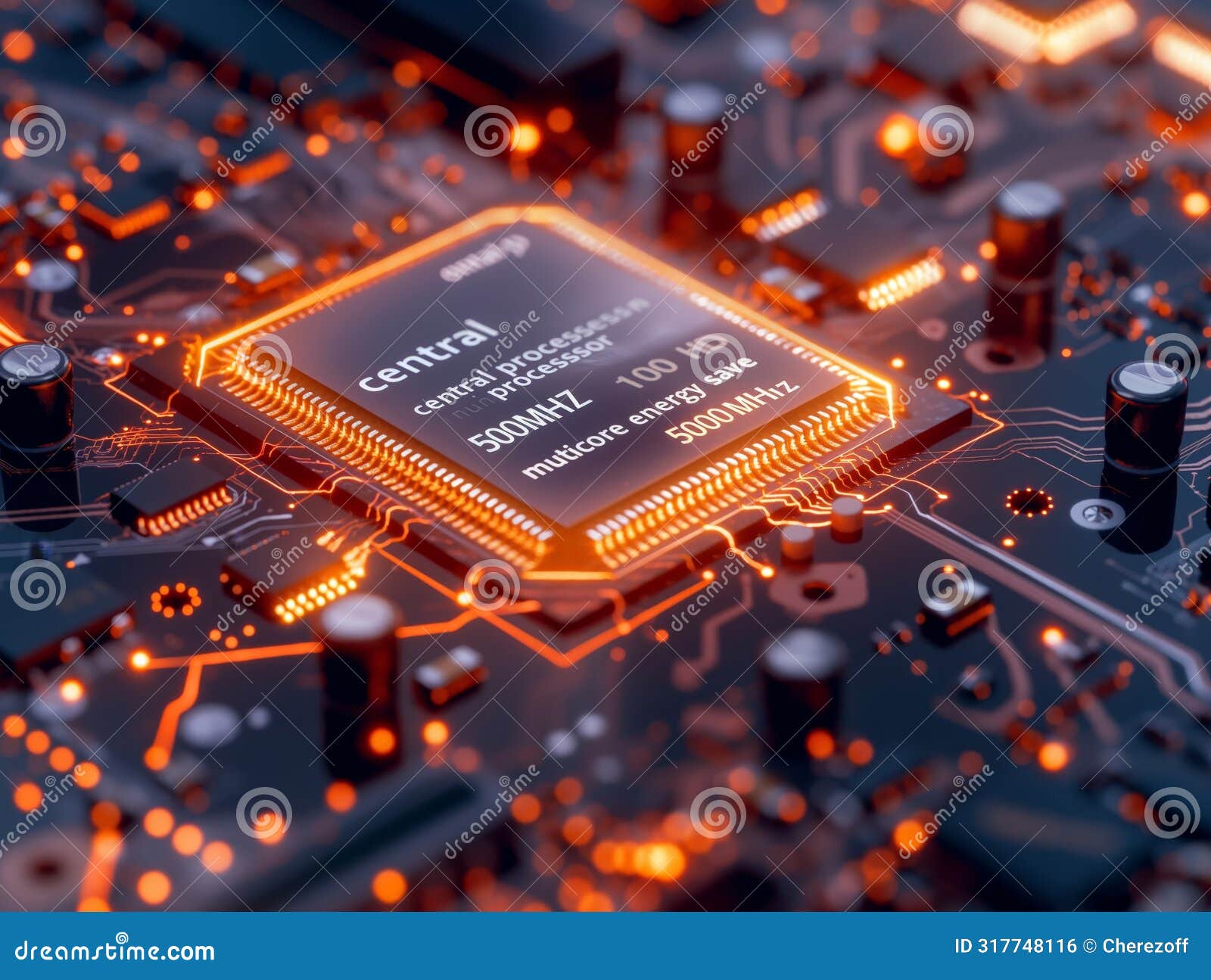 Illuminated CPU on Motherboard Stock Photo - Image of microchip, electrical: 317748116
