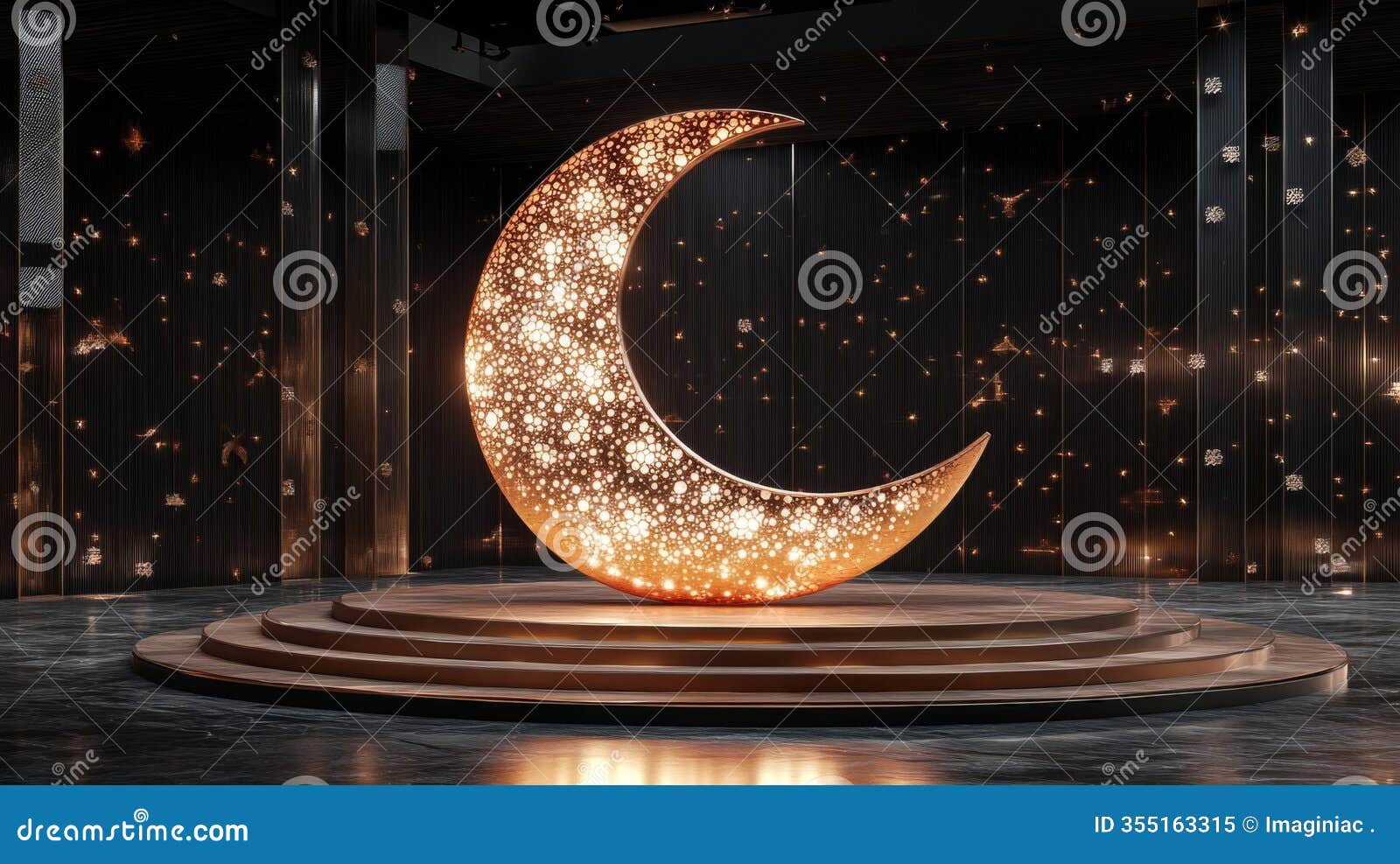 Illuminated Crescent Moon Art Installation on Stage Stock Illustration ...