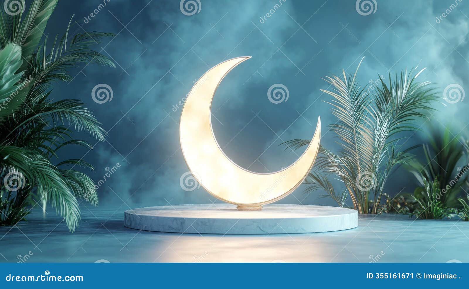 Illuminated Crescent Moon Displayed on Marble Pedestal with Tropical ...