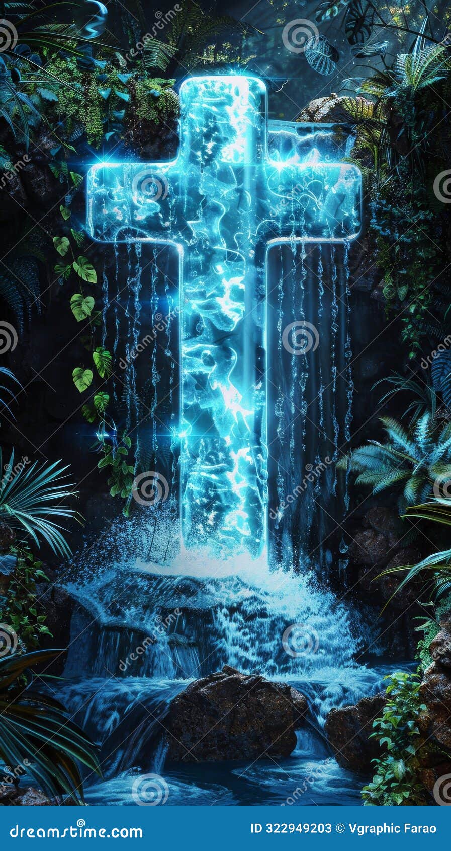Illuminated Cross-shaped Waterfall Surrounded by Lush Vegetation in a ...
