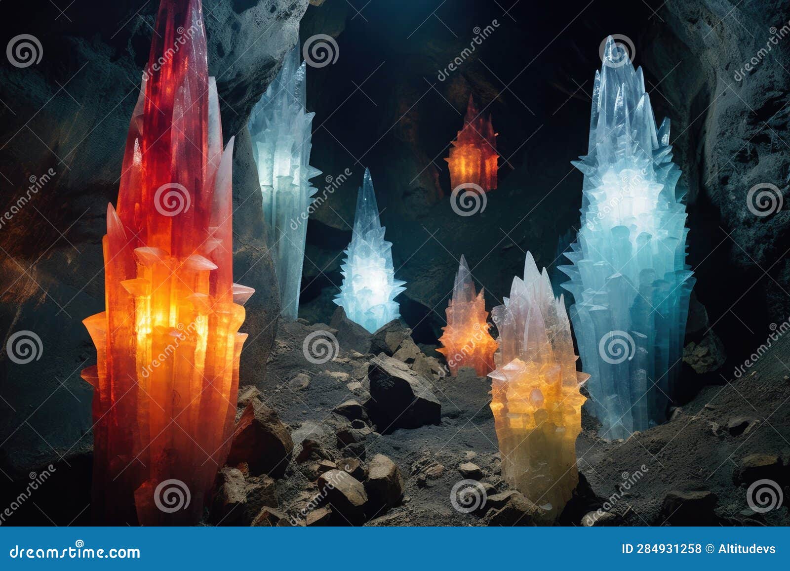 Illuminated Crystal Formations in a Dark Cave Stock Illustration ...