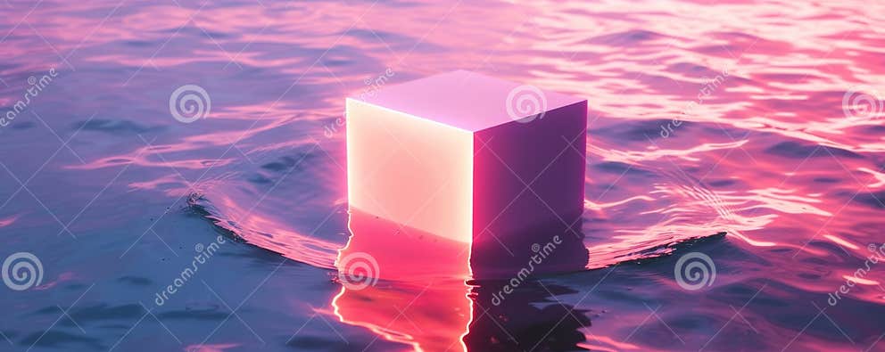 Illuminated Cube Floating on Water at Sunset, Abstract Concept Stock ...