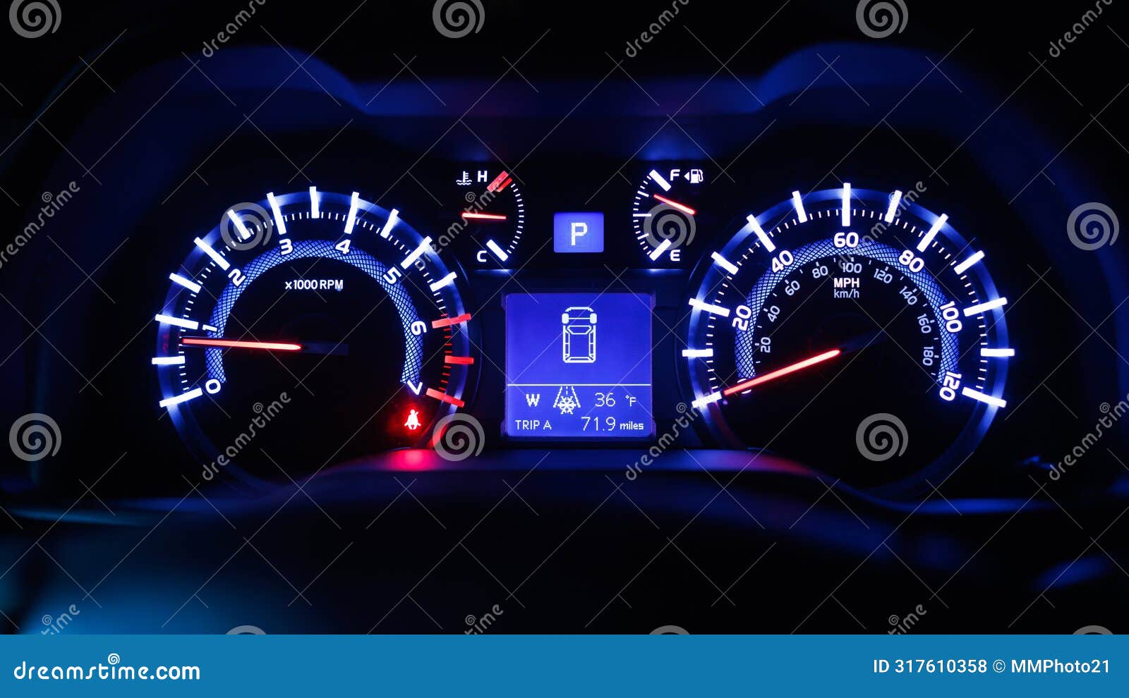 Driving with Illuminated Dash Speedometer Cluster at Night Stock Photo ...