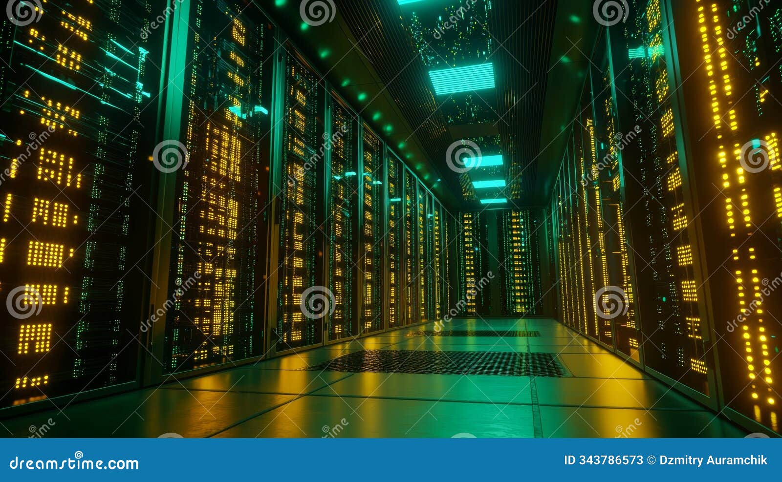 An Illuminated Data Center Corridor with Dynamic Light Effects. Stock ...