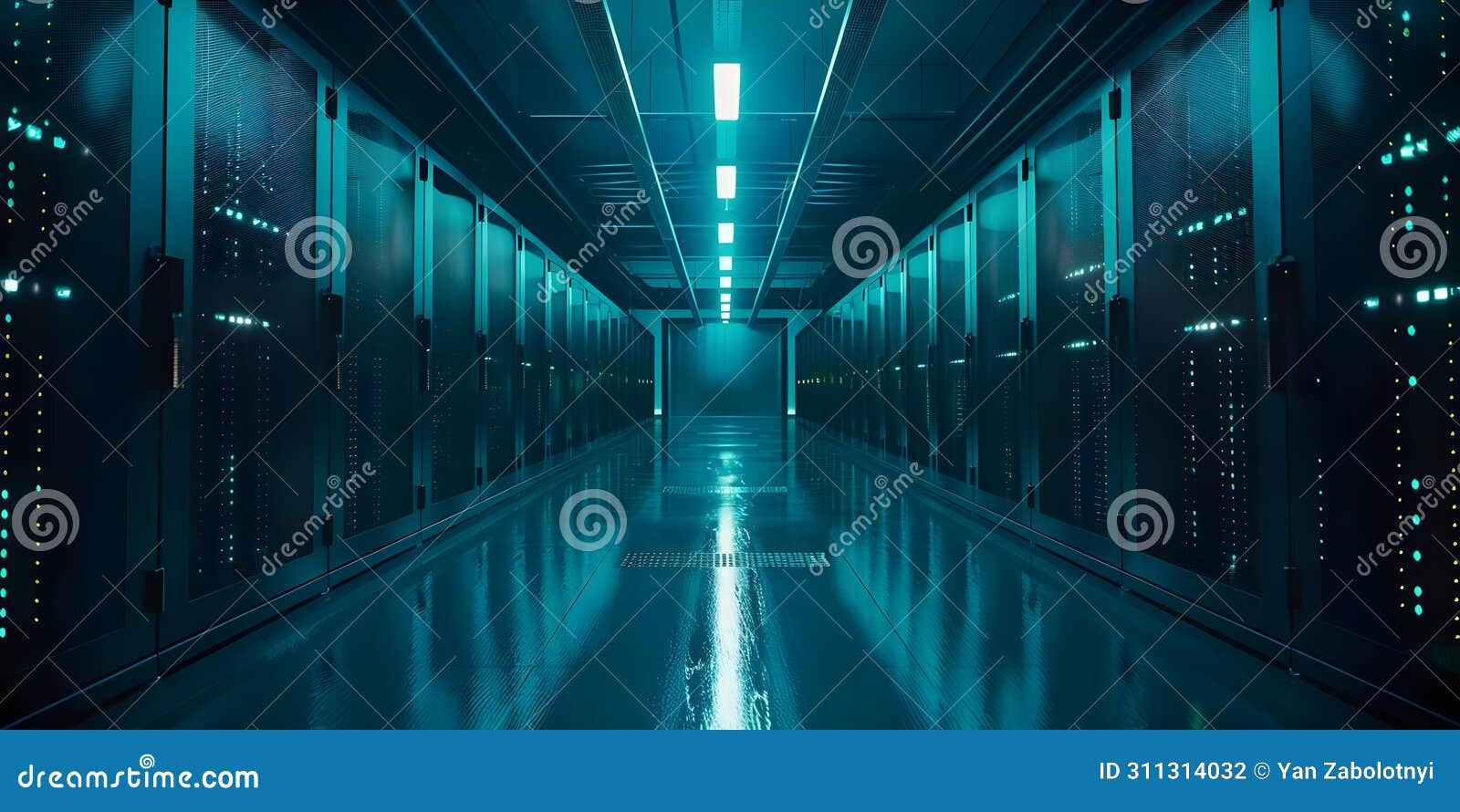Illuminated Data Center Featuring Operational Server Racks. Concept ...