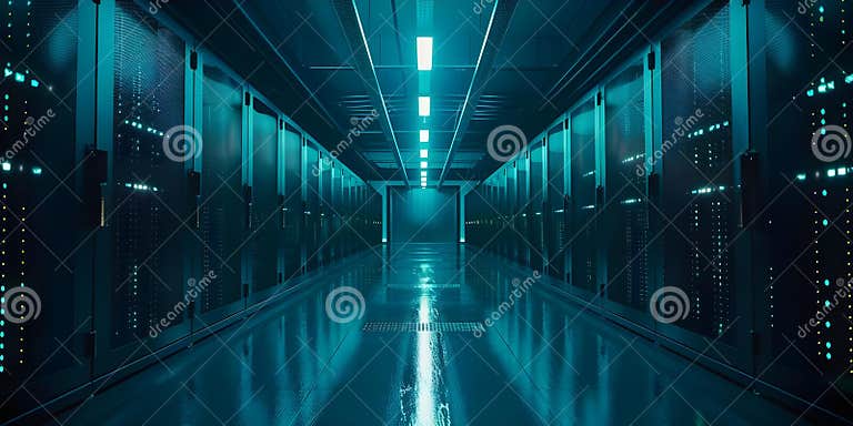 Illuminated Data Center Featuring Operational Server Racks. Concept ...