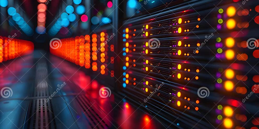Illuminated Data Center Server Rack Showcasing Processing of Extensive ...