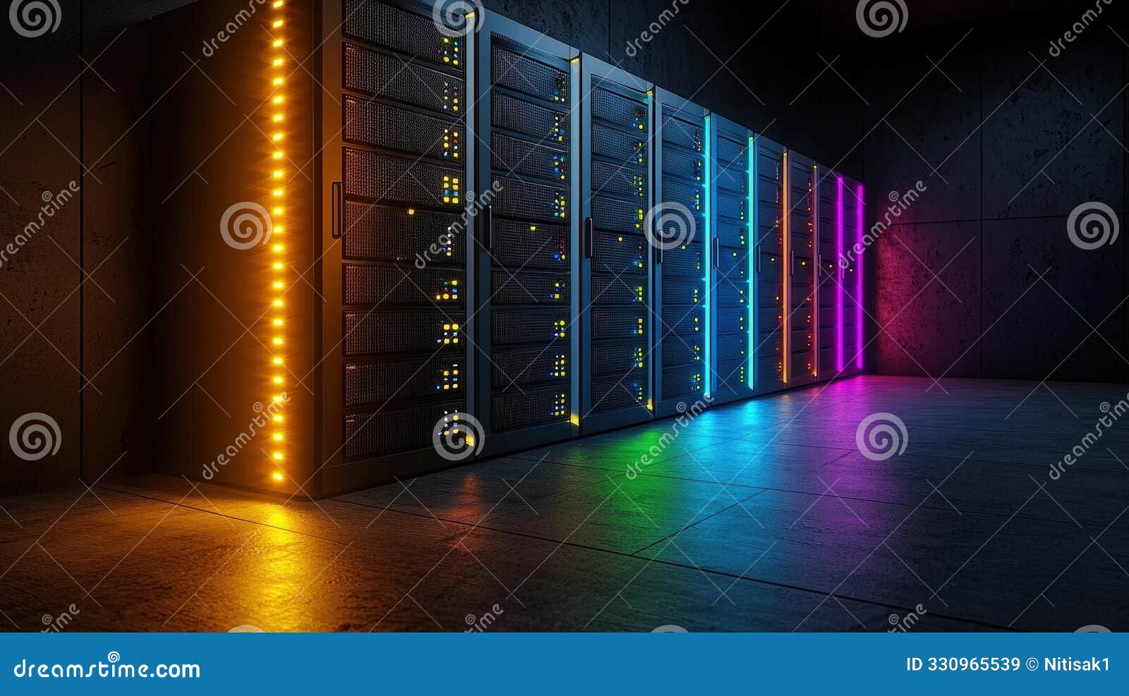 Illuminated Data Center Showcasing Vibrant Server Racks with Colorful ...