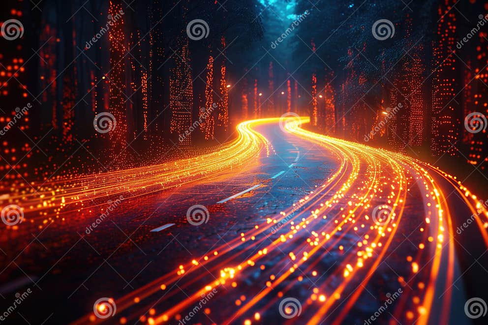 Illuminated Data Streams Along a Curved Forest Road at Night. Stock ...