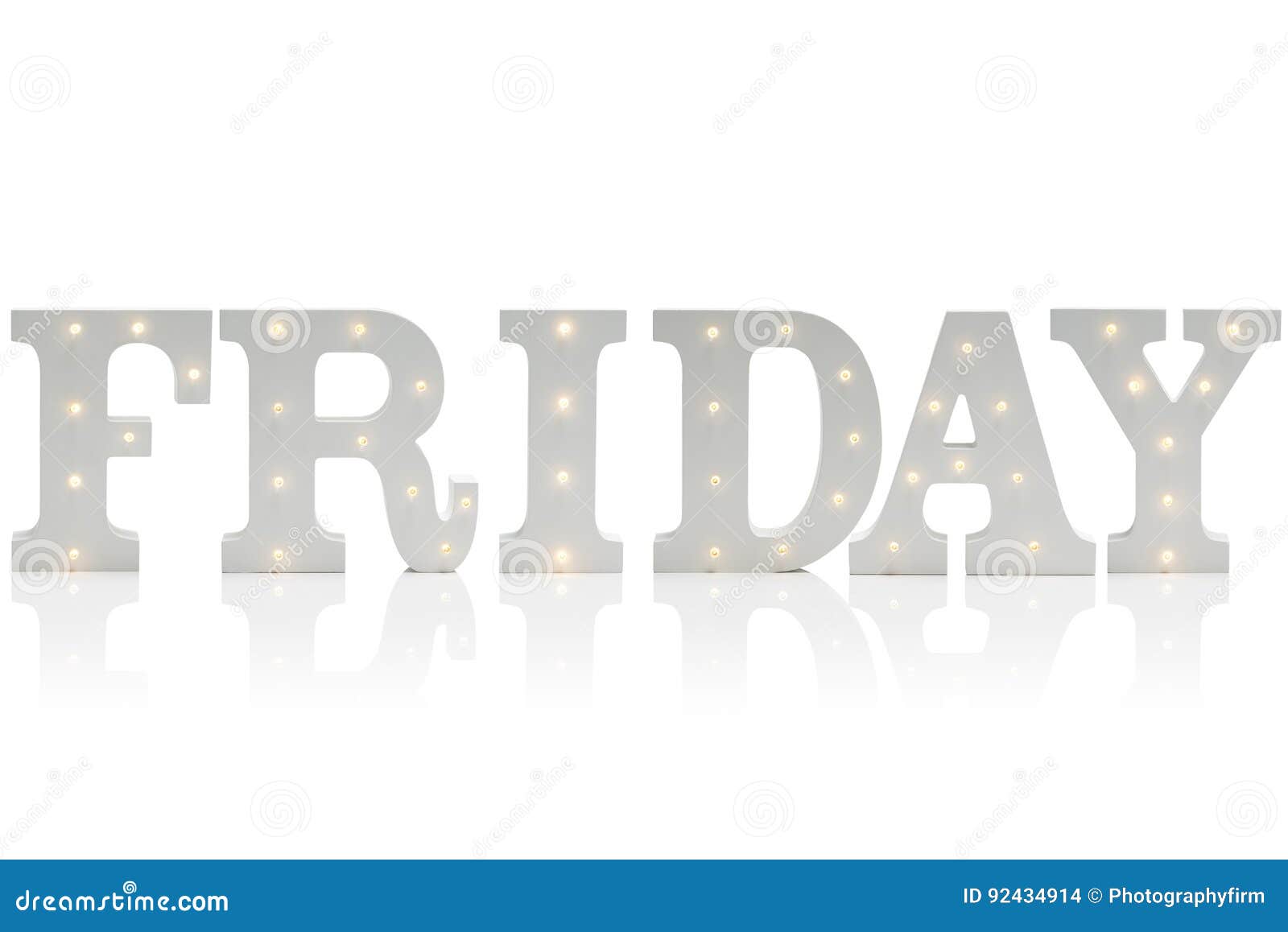 Illuminated Decorative Letters Spelling FRIDAY Over White Background ...