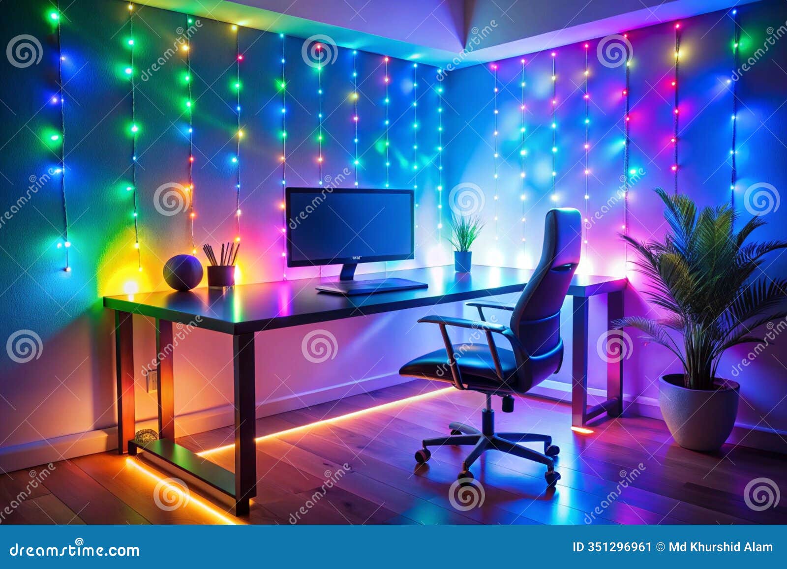 Illuminated Desk Setup with Rgb Lights Wallpaper Background Editorial ...