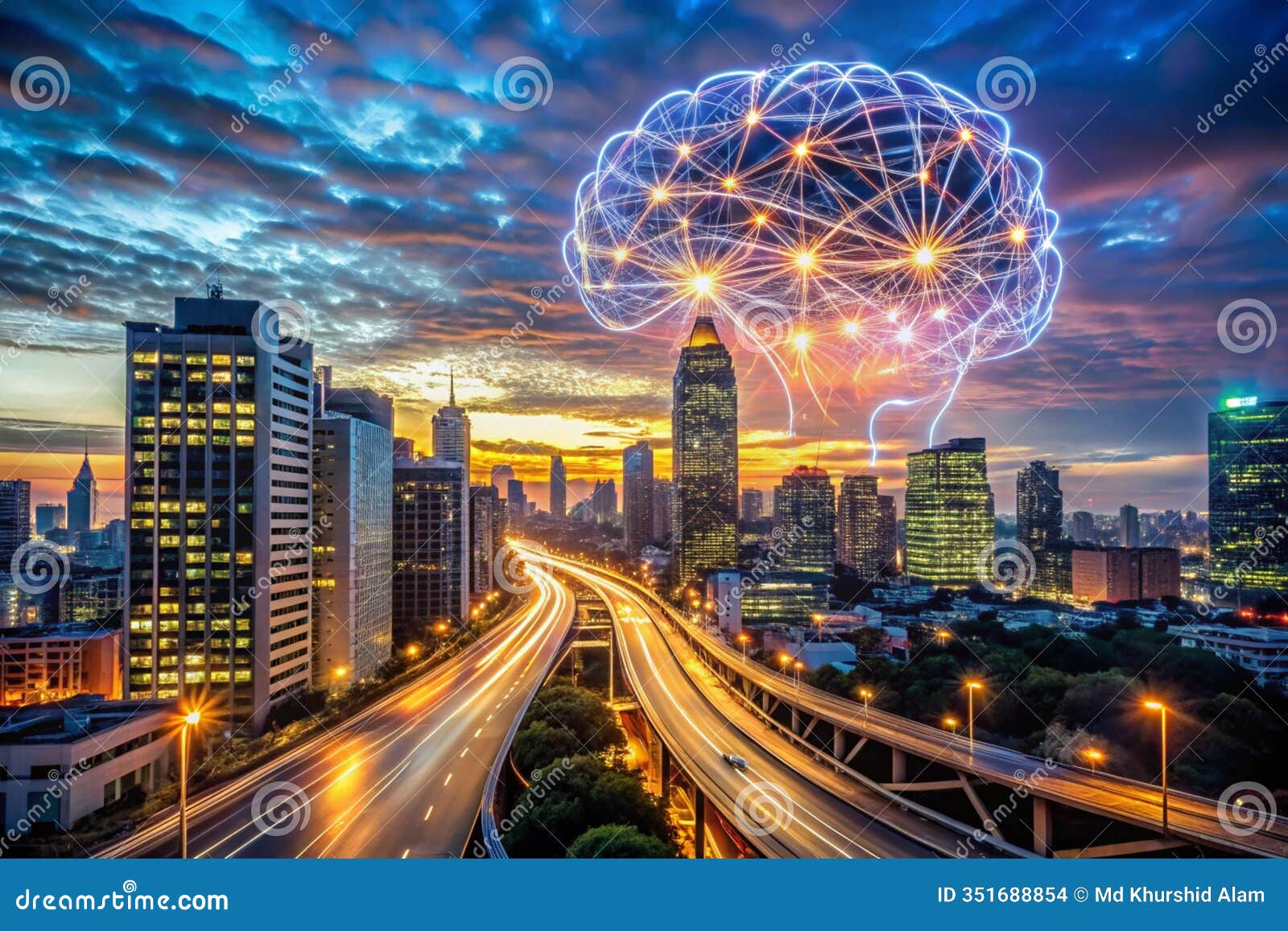 Illuminated Digital Brain Structure Over Modern Skyline, Symbolizing ...