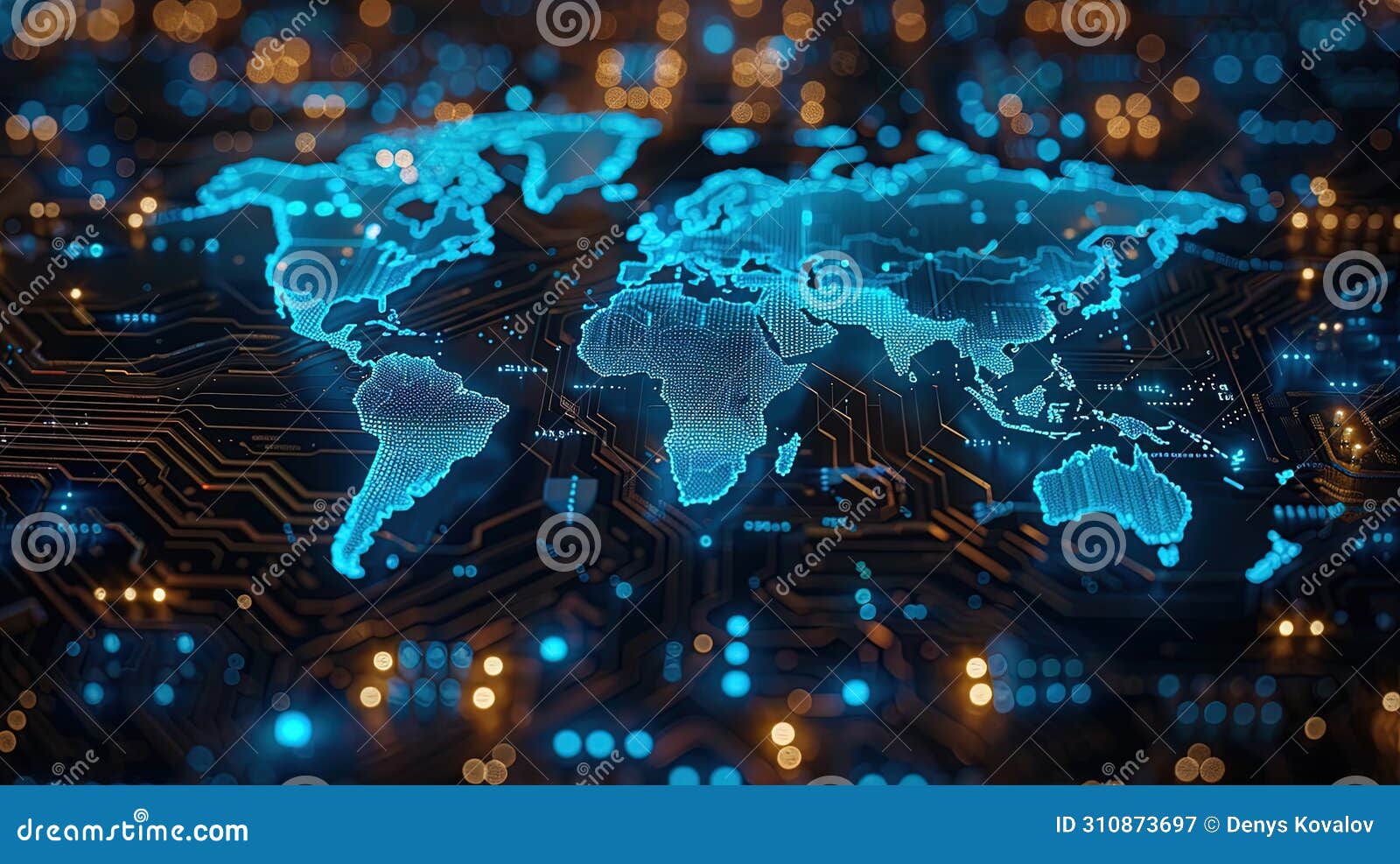 The Illuminated Digital Map of the World is Engraved on a Dark Printed ...