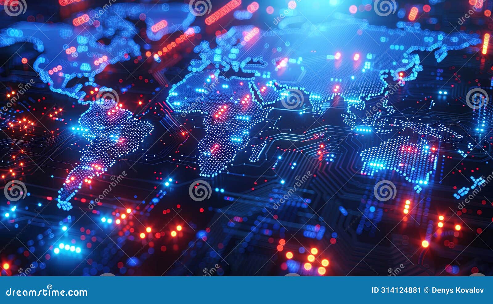 The Illuminated Digital Map of the World is Engraved on a Dark Printed ...