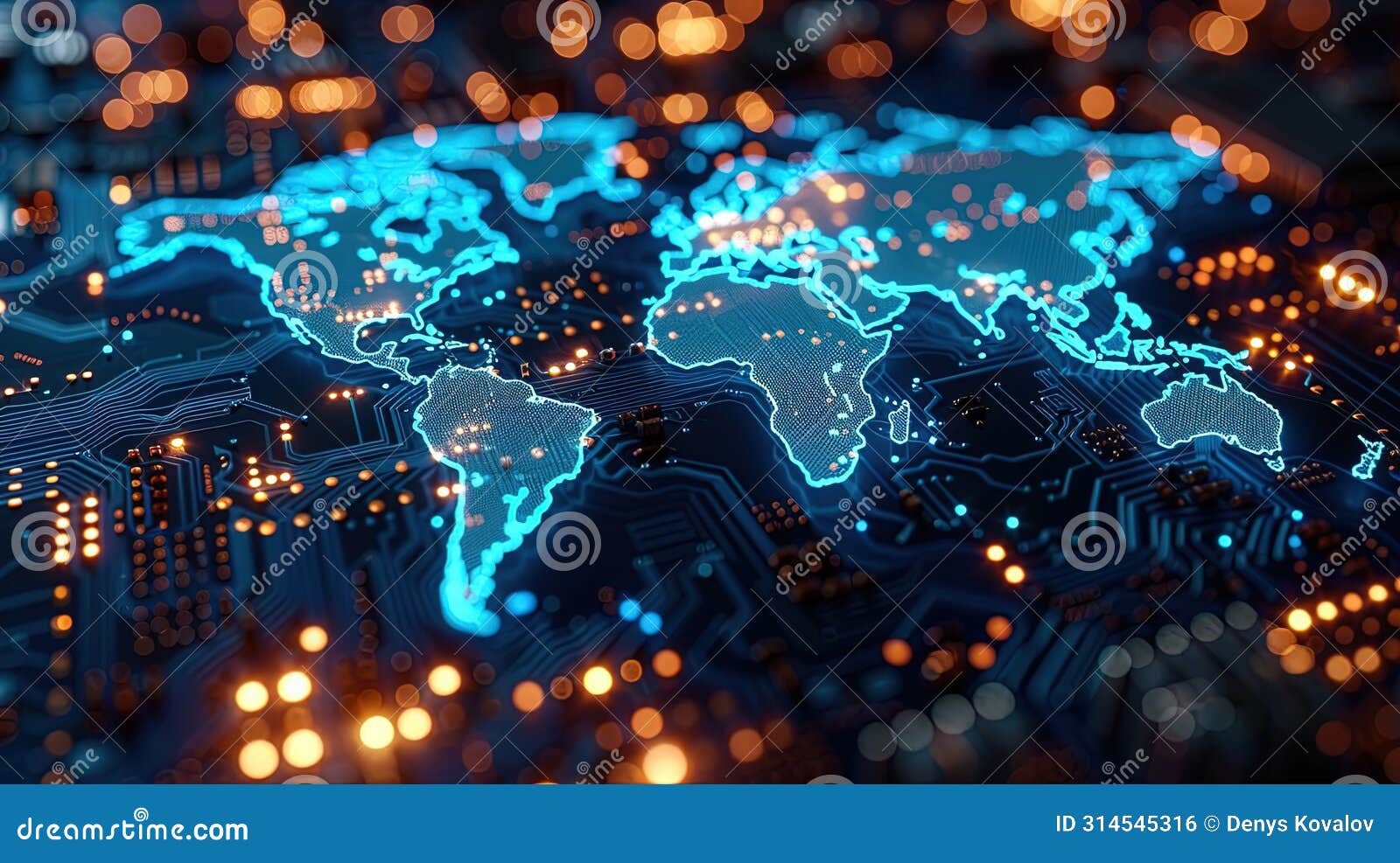 The Illuminated Digital Map of the World is Engraved on a Dark Printed ...