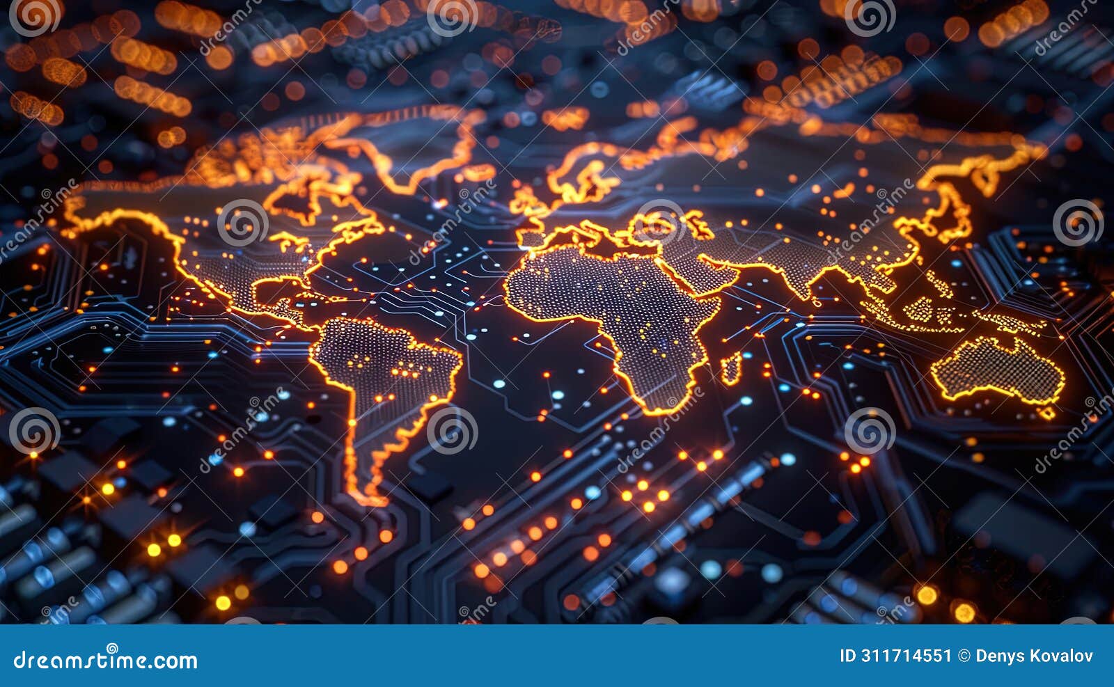 The Illuminated Digital Map of the World is Engraved on a Dark Printed ...