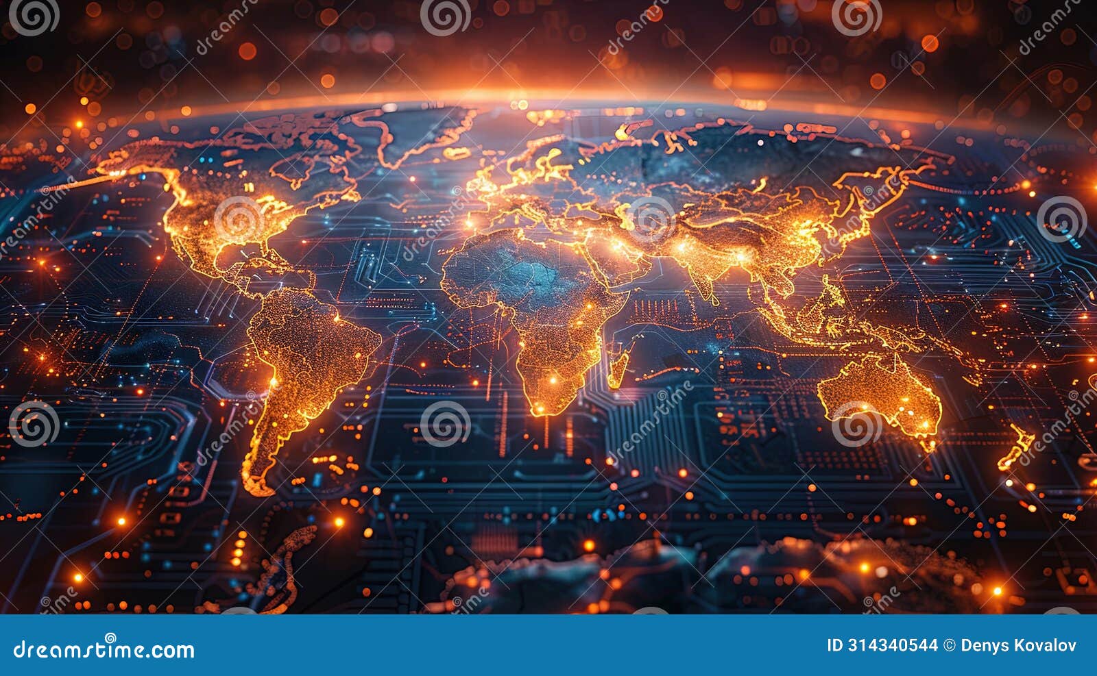 The Illuminated Digital Map of the World is Engraved on a Dark Printed ...