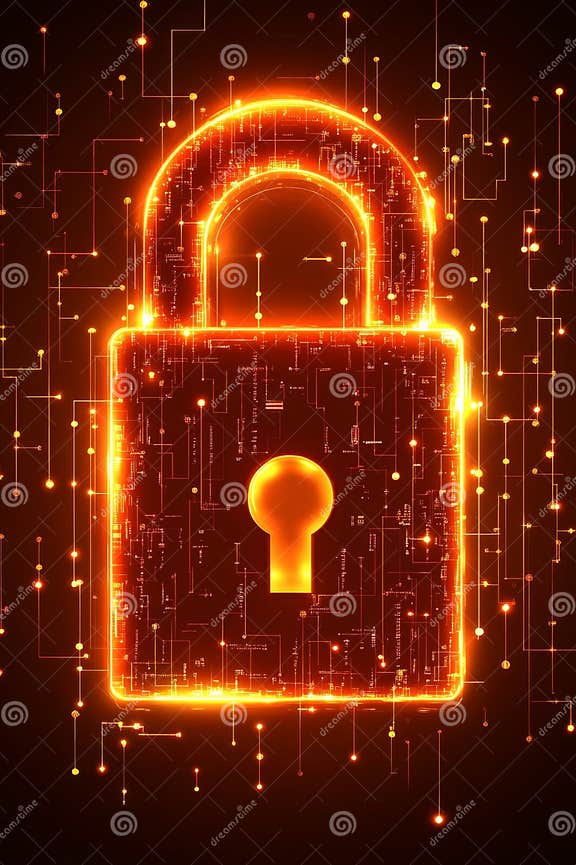 Illuminated Digital Padlock Glowing Orange Outline on Binary Code Background Symbolizing ...