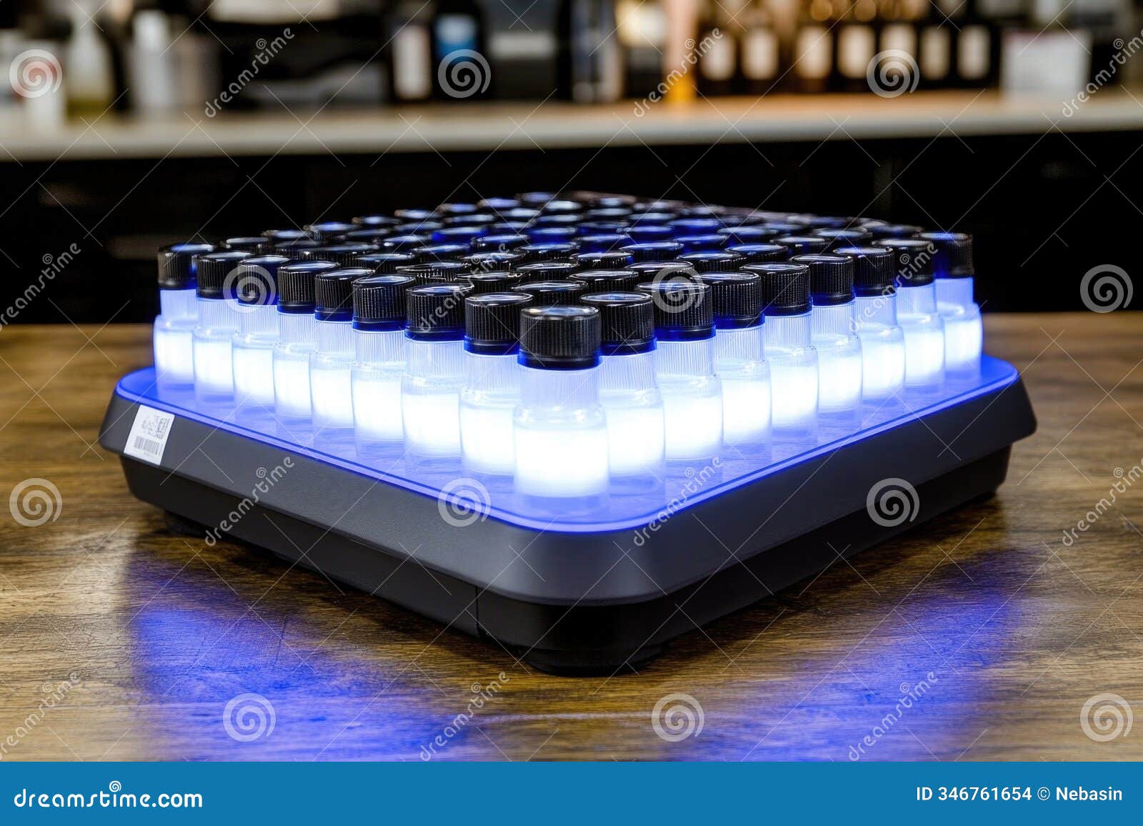 Illuminated Display of Laboratory Vials on Blue Light Platform in ...