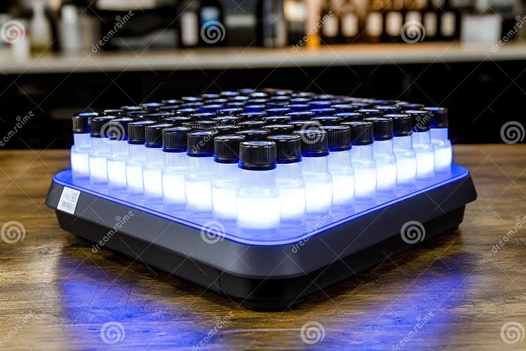 Illuminated Display of Laboratory Vials on Blue Light Platform in ...