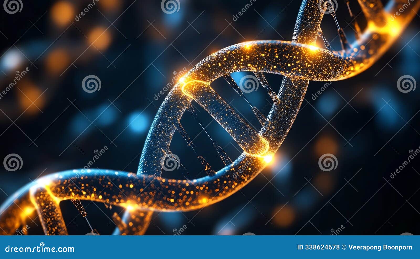 Illuminated DNA Strand with Glowing Effects on a Dark Blue Background ...