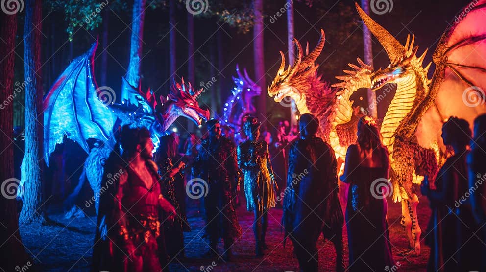 Illuminated Dragon Puppets in a Forest Setting with Attendees Stock ...