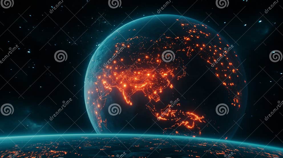 Illuminated Earth with Glowing Orange Network Nodes Viewed from Space ...