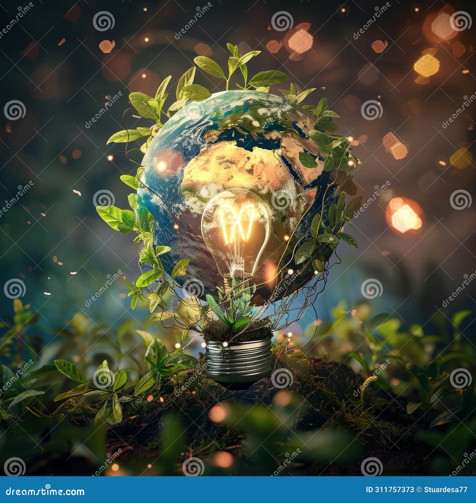 Illuminated Earth Light Bulb Stock Image - Image of leaves, plants ...