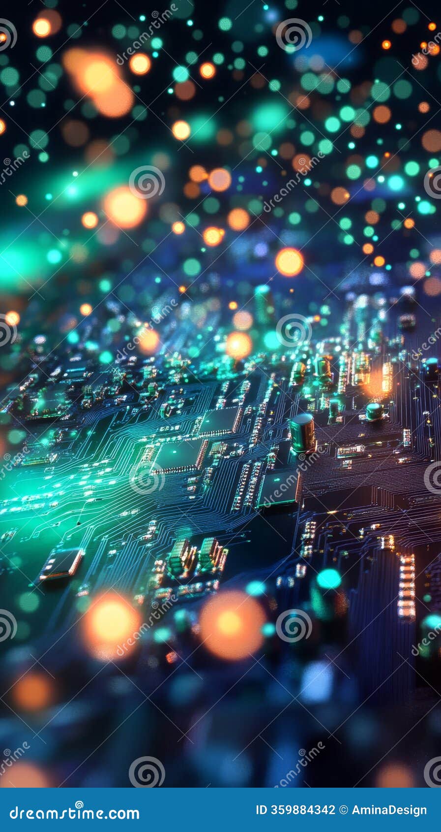 An Illuminated Electronic Circuit Board Displaying Glowing Particles ...