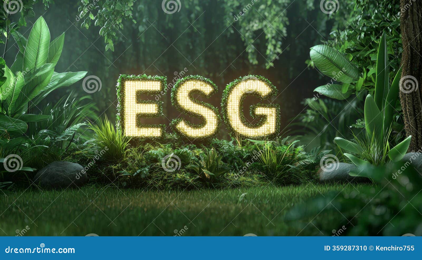 Illuminated ESG Letters Surrounded by Lush Greenery, Symbolizing ...
