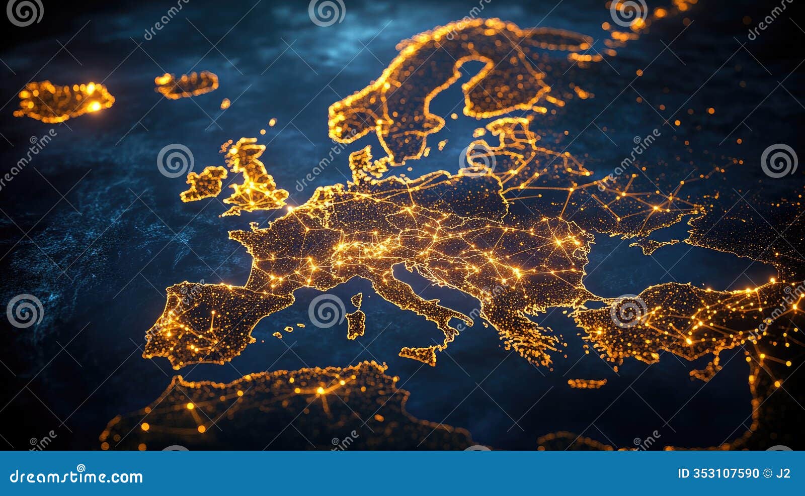 Illuminated European Map at Night Showing Connection Networks. Earth ...