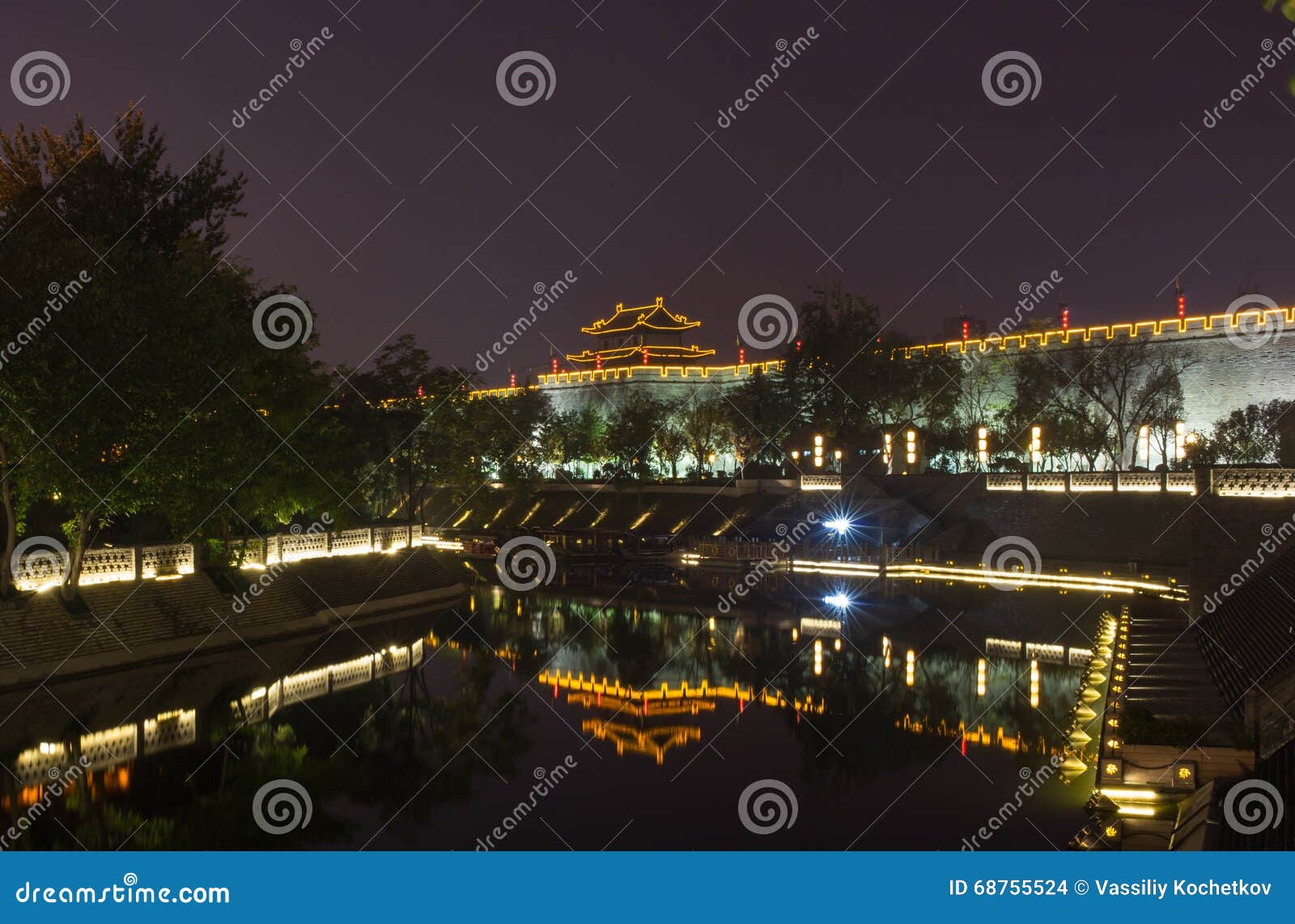 Illuminated Famous Ancient Bell Tower at Night. China, Xian Stock Photo ...